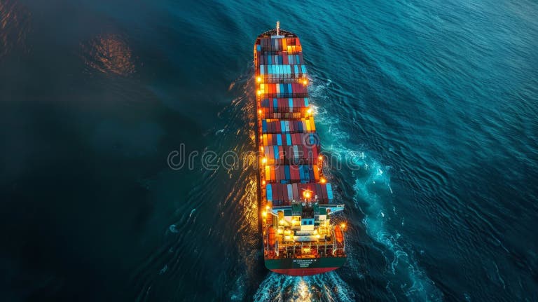 An Aerial View of a Containerized Cargo Ship at Night with Lights ...