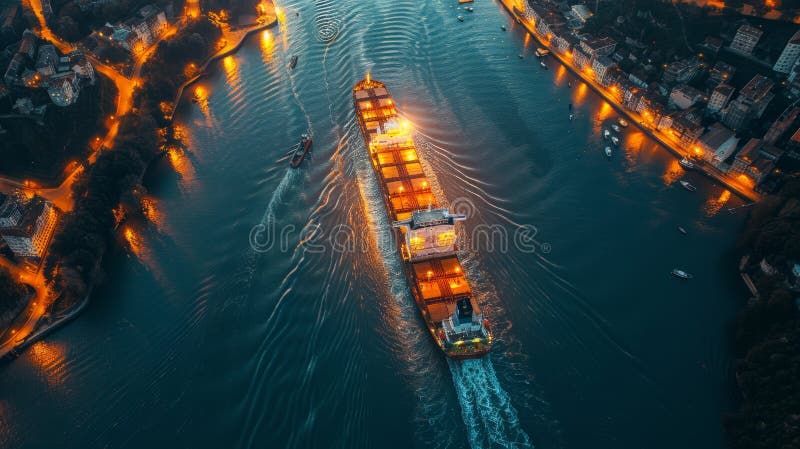 An Aerial View of a Containerized Cargo Ship at Night with Lights ...