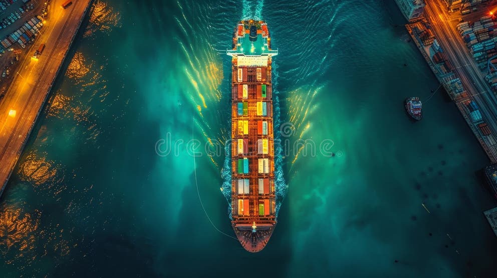 An Aerial View of a Containerized Cargo Ship at Night with Lights ...