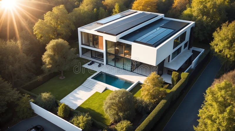 Aerial View of Contemporary House with Dramatic Sun Lighting and a Ai ...