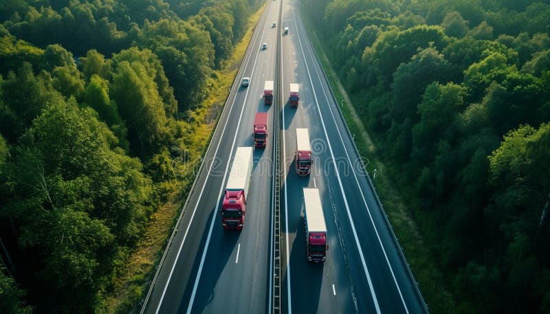 Aerial View of a Convoy of MAN Trucks on a Highway, Creating a Symphony ...