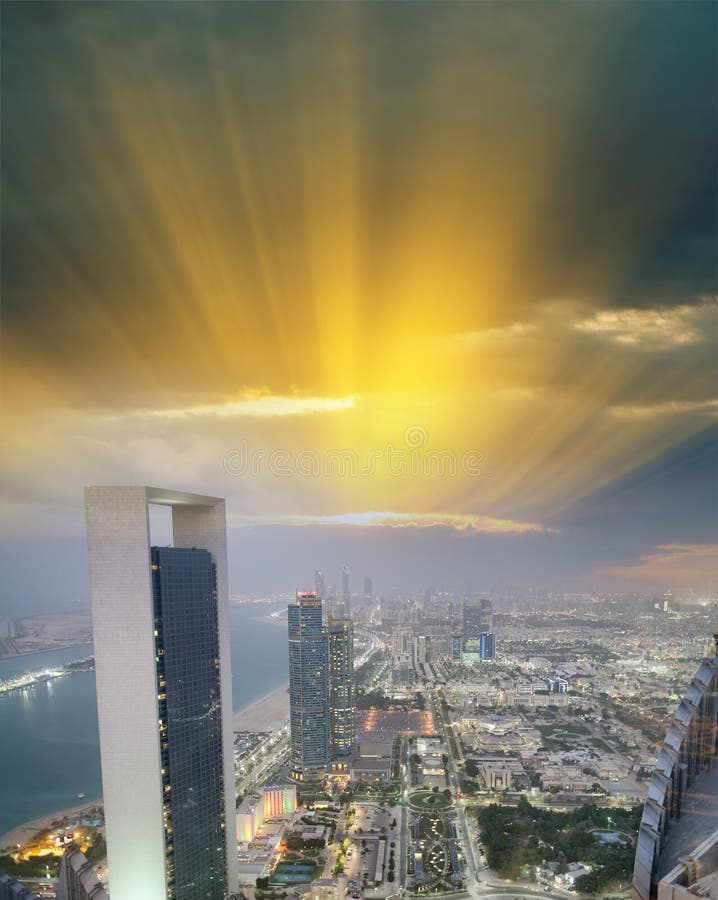 Aerial View of Corniche Road Buildings at Night, Abu Dhabi Editorial ...
