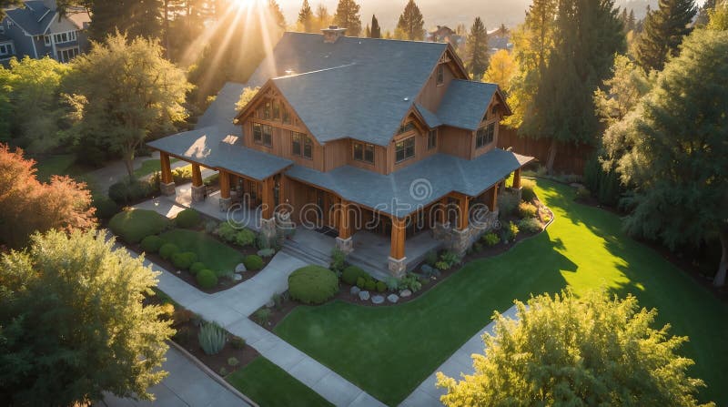 Aerial View of Craftsman House with Dramatic Sun Lighting and a Ai ...