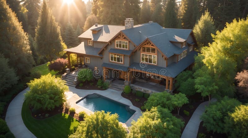Aerial View of Craftsman House with Dramatic Sun Lighting and a Ai ...