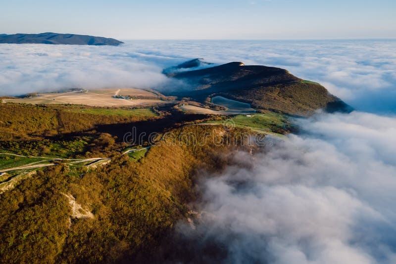 Aerial View with Creeping Clouds and Mountains in Anapa. Landscape with ... Aerial View with Creeping Clouds and Mountains in Anapa. Landscape with ...