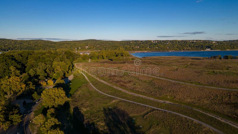Aerial View of Croton Point Park with the Hudson River at Soft Sunlight ...