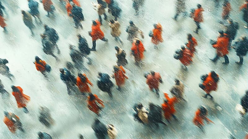Aerial View of a Crowd of People Walking in the Snow Stock Illustration ...