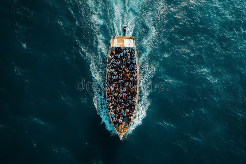 Aerial View of Crowded Boat Sailing through Deep Blue Ocean Stock ...