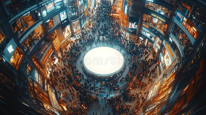 Aerial View of Crowded Shopping Mall Atrium with Bright Central Space ...