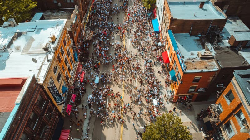 Aerial View of a Crowded Street with Buildings and Trees Stock ...