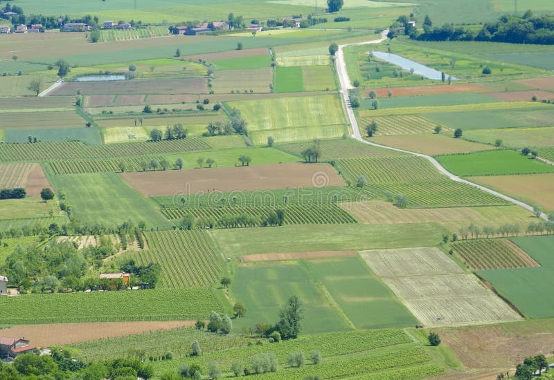 Aerial View of Cultivated Fields in the Plain in Summer with the Fields ...