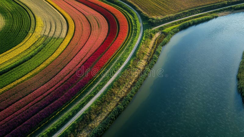 Aerial View of Curved Flower Fields and a Winding River Stock ...