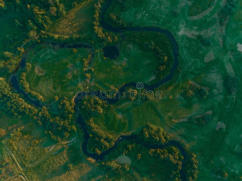 Aerial View of a Curvy River through the Green Forested Valley Stock ...