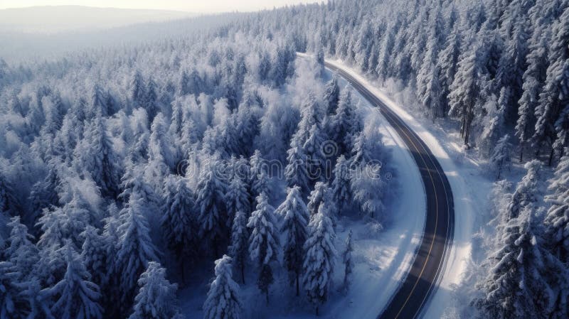 Aerial View of Curvy Windy Road in Snow Covered Forest. Generative Ai ...
