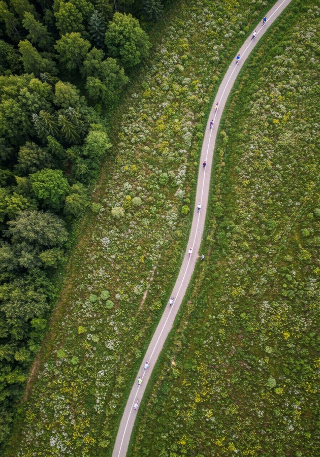 Aerial View of Cyclists and Walkers on a Winding Path through a Green ...