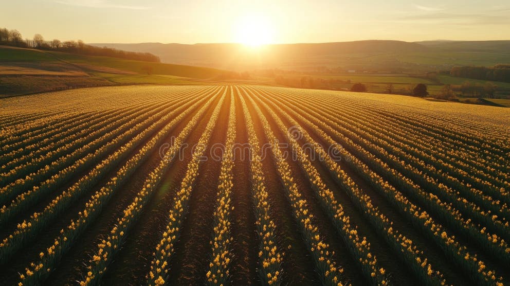 Aerial View of a Daffodil Field at Sunset Stock Illustration ...