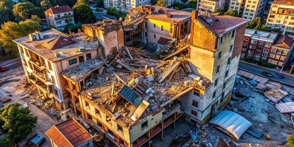 Aerial View of a Damaged Building Foundation Collapse on a Construction ...
