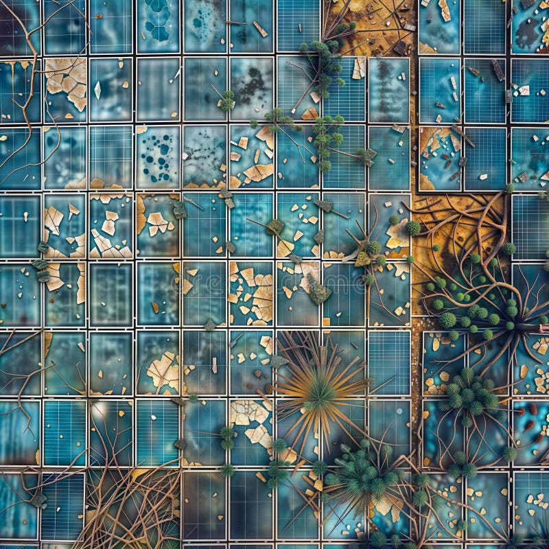 Aerial View of Damaged and Overgrown Solar Panel Field, Generative Ai ...
