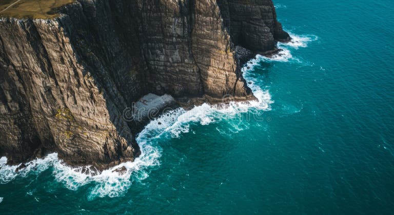 Aerial View of Dark Grey Cliffs and Teal Ocean Waves Stock Illustration ...