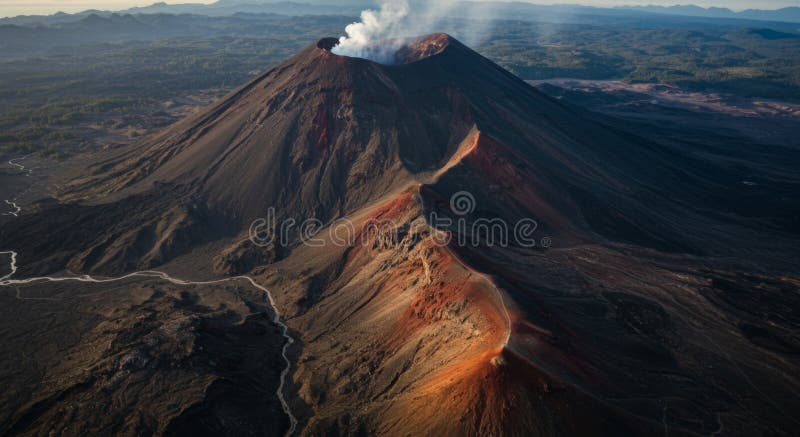Aerial View of a Dark Volcano with Smoke Eruption Stock Illustration ...