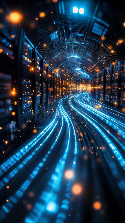 Aerial View of Data Center with Glowing Blue Lights and Vibrant Energy ...