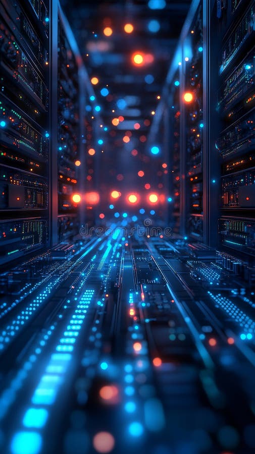 Aerial View of Data Center with Glowing Lights and Cables, Showcasing ...