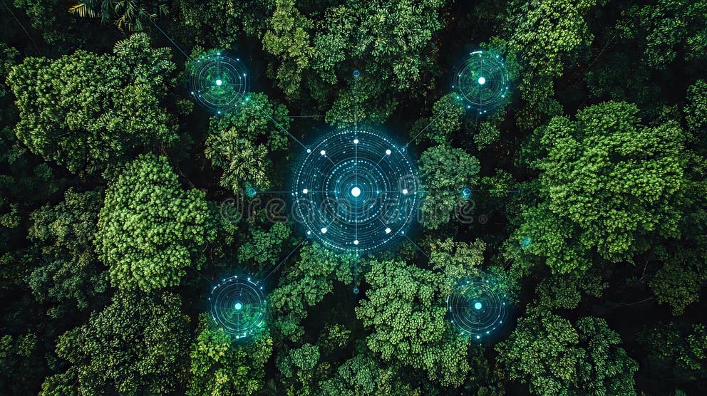 Aerial View of a Dense Forest with a Network of Glowing Connections ...