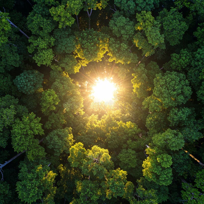 Aerial View of a Dense Forest with Sunlight Piercing through a Circular ...