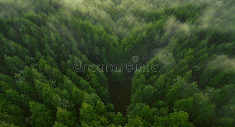 Aerial View of Dense Green Forest with Clearing and Single Tree Stock ...