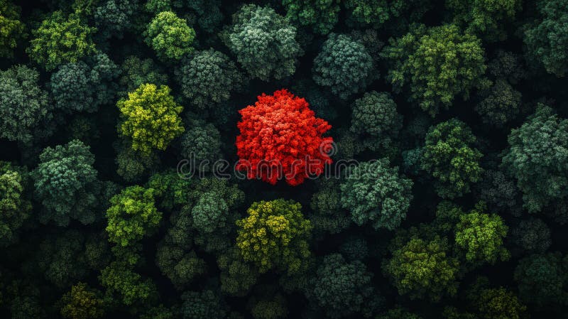 Aerial View of Dense Green Forest with a Single Red Tree, Vibrant ...