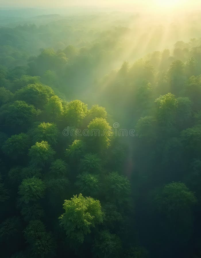 Aerial View of Dense Green Forest with Soft Light Rays Shining through ...