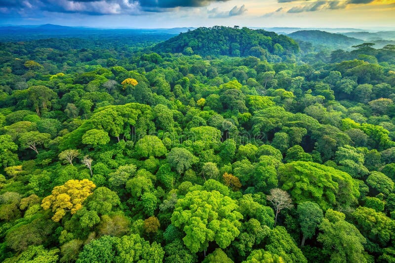 Aerial View of Dense Rainforest Canopy at Sunset Stock Illustration ...