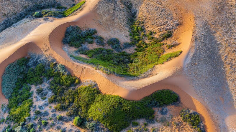 Aerial View of Desert Dunes with Green Vegetation and Curving Sand ...