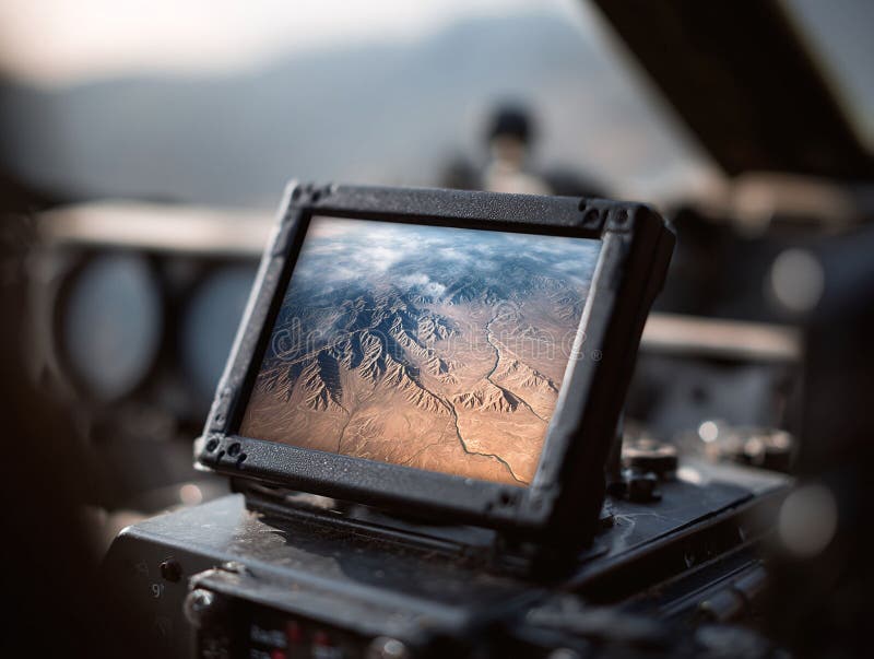 Aerial View of a Desert Landscape on an Electronic Screen Inside a ...