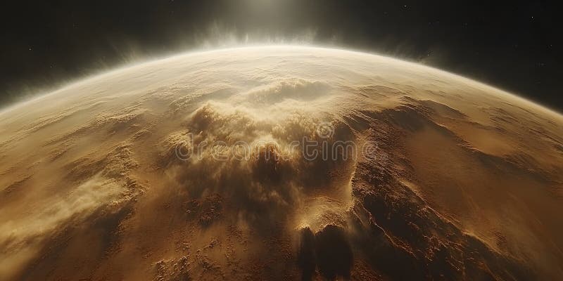 Aerial View of a Desert Planet with a Hazy Atmosphere and a Bright ...