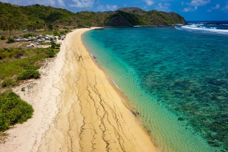 Aerial View of a Deserted Sandy Tropical Beach and Coral Reef Stock ...