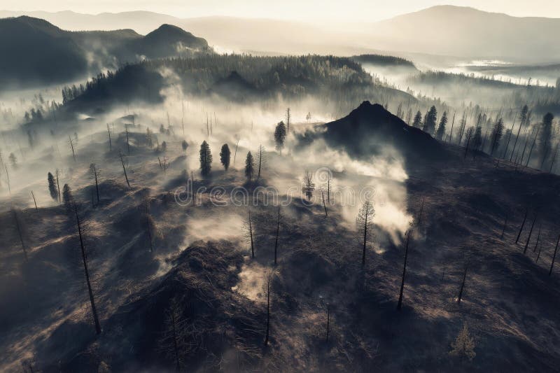 Aerial View of Desolate, Smoke-Filled Forest after Wildfire Stock ...