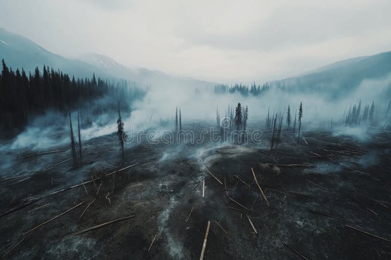 Aerial View of Desolate, Smoke-Filled Forest after Wildfire Stock ...