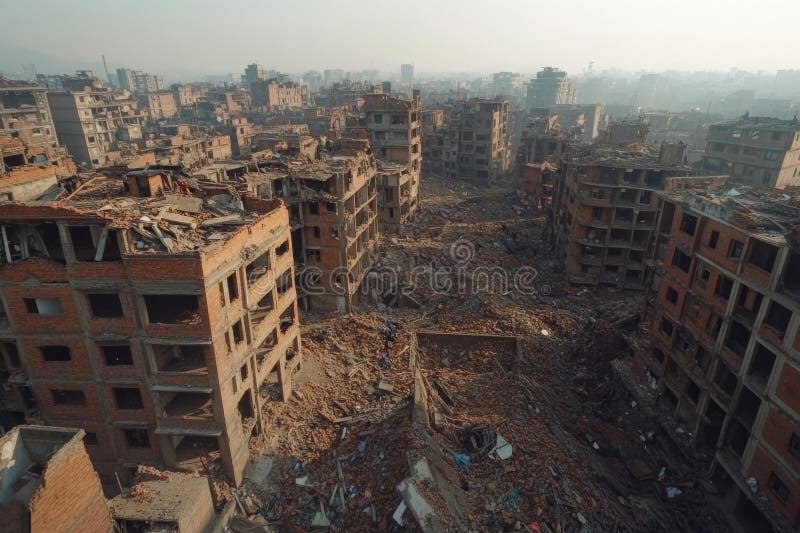 Aerial View of Destroyed Buildings and Debris Covering Ground after ...