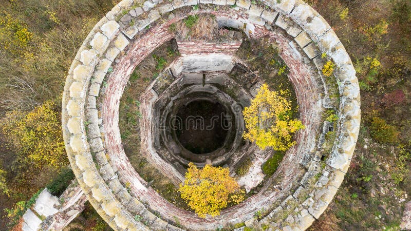 Aerial View on Destroyed Tower of the Castle on the Hill, Top View ...