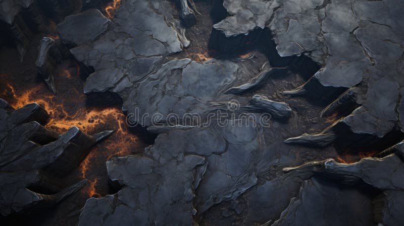 Aerial View of Unreal Engine 5 Style Lava and Fire on Dark Rock Stock ...
