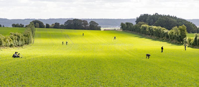 Aerial View of Detectorists Looking for Ancient Metal on the Fields in ...
