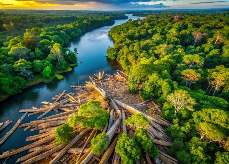 Aerial View of Devastated Amazon Rainforest Fallen Trees and Riverbed ...
