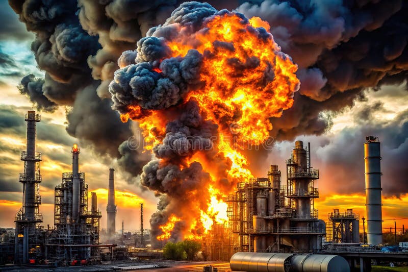 Aerial View of Devastating Industrial Fire Massive Explosion and Smoke ...