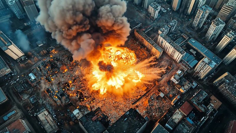 Aerial View of Devastating Urban Explosion Massive Fire and Smoke ...