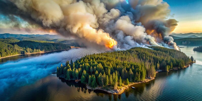 Aerial View of a Devastating Wildfire Engulfing a Forested Peninsula on ...