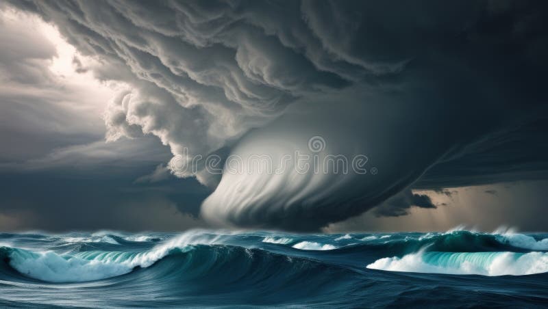 Massive Hurricane Swirls Forming Over the Ocean with Dark Skies Stock ...