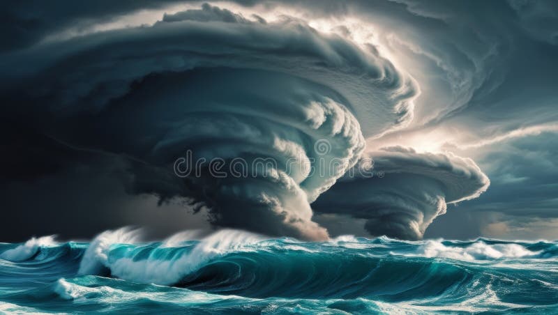 Massive Hurricane Swirls Forming Over the Ocean with Dark Skies Stock ...
