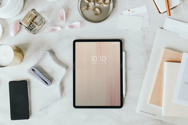 Aerial View of Digital Devices on Table Workplace Stock Image - Image ...