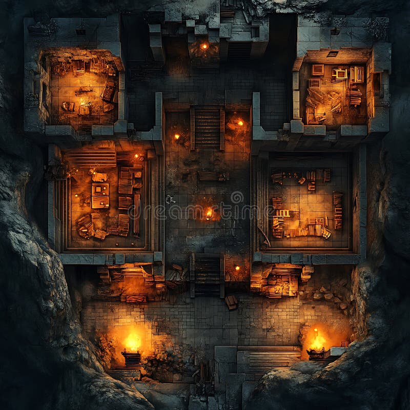 Aerial View of a Dimly Lit Dungeon or Underground Complex. the Layout ...